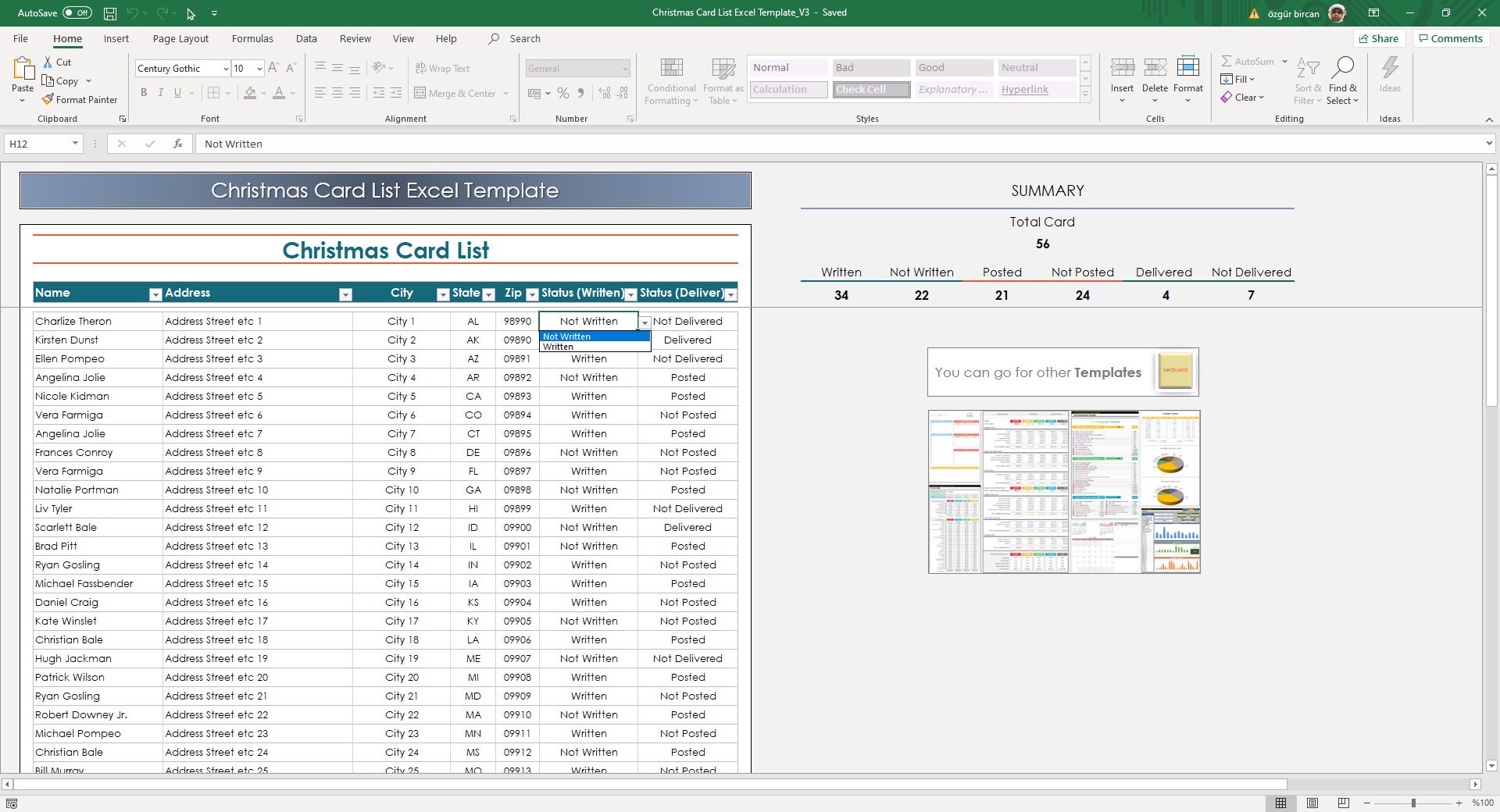 Christmas Card List Excel Template: Holiday Greeting Card Tracker With ...