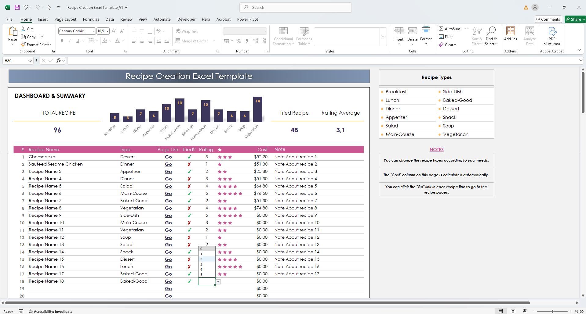 Recipe Excel Template