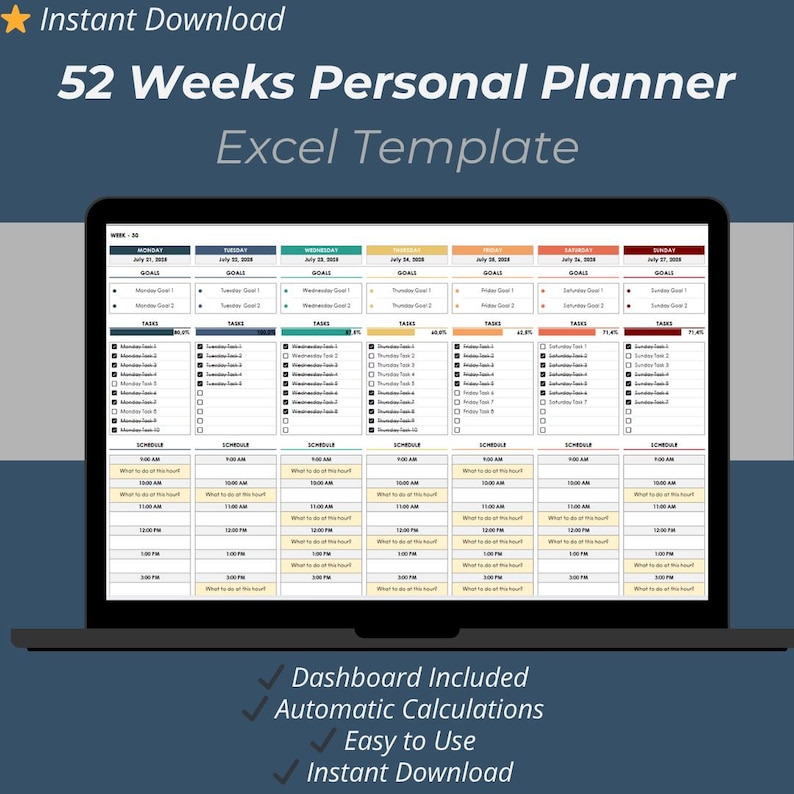 Weekly Personal Planner Excel Template | 52 Weeks Goals, Tasks ...