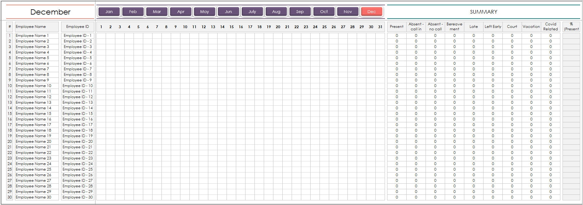 Employee Attendance Sheet Excel Template: Monthly Planner (fillable) - Etsy