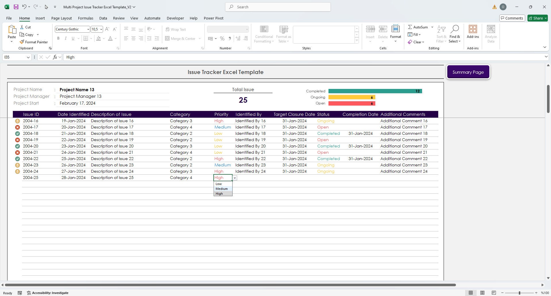 Issue Tracker Excel Template | Multi Project Issue Log & Status ...