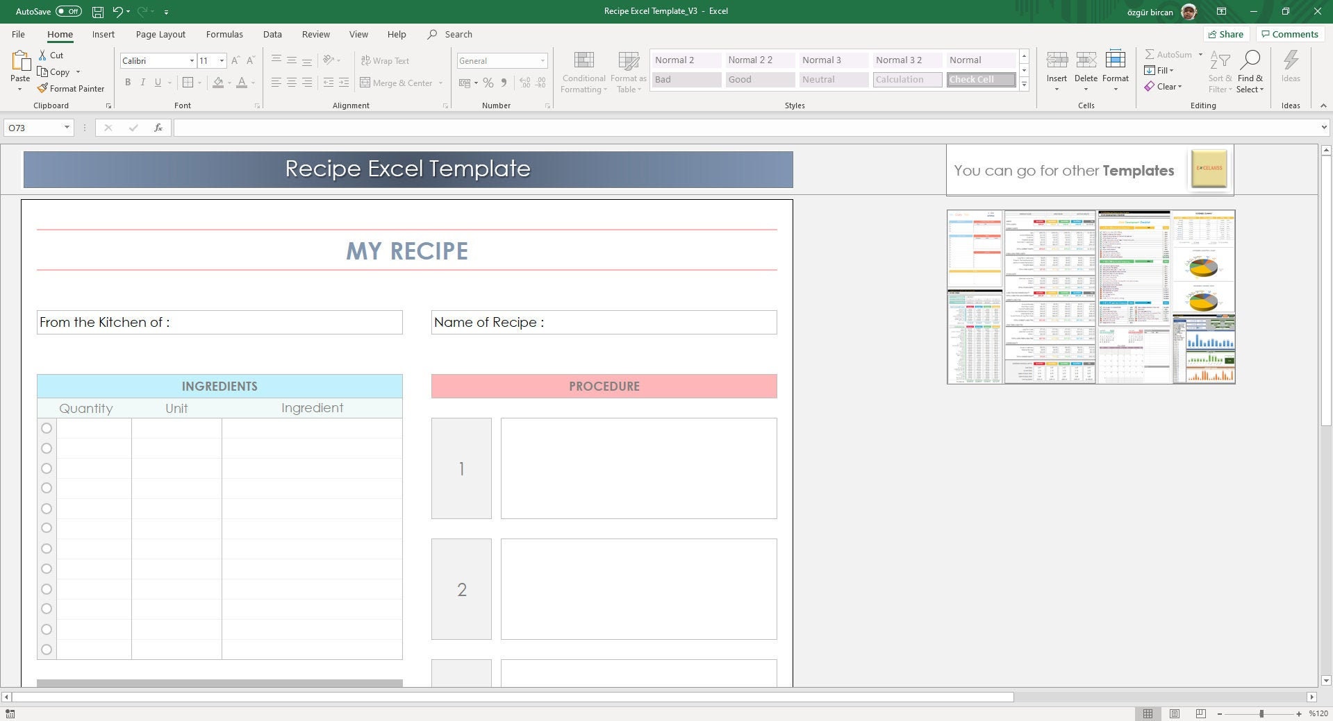 Recipe Template Excel