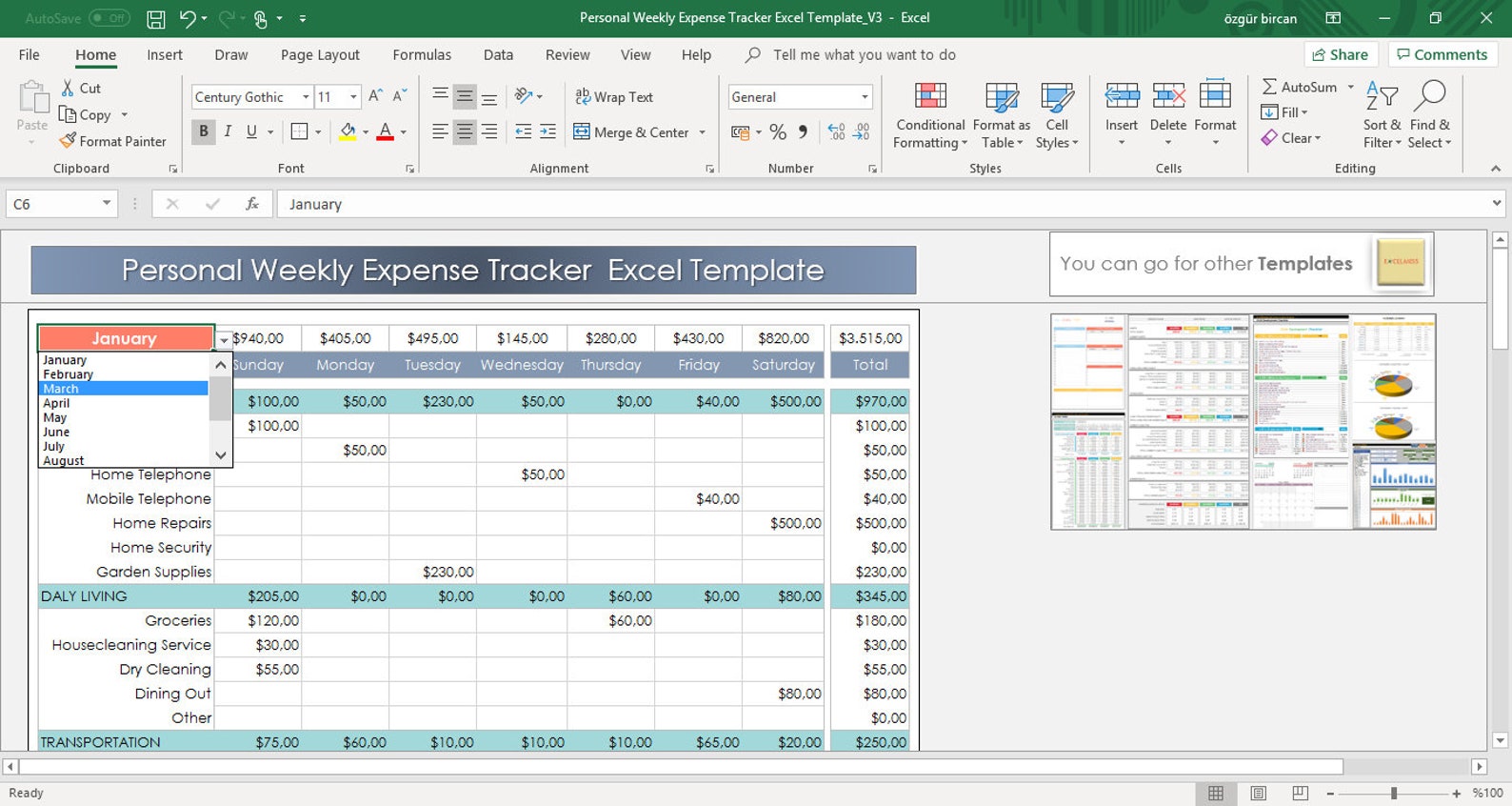 Personal Weekly Expense Tracker Excel Template Budget - Etsy