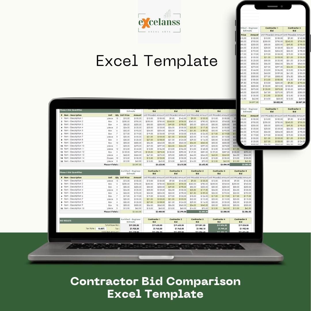 Bid Comparison Excel Template: Contractor Price Quote Analyzer (digital Download) - Etsy