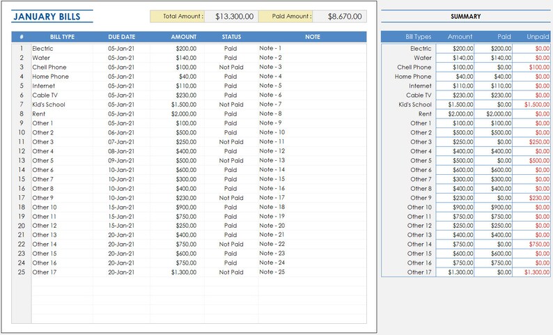 Monthly Bill Tracker Excel Template Bill Organizer Sheet - Etsy