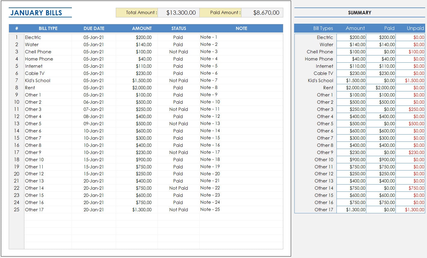Bill Management Excel Template