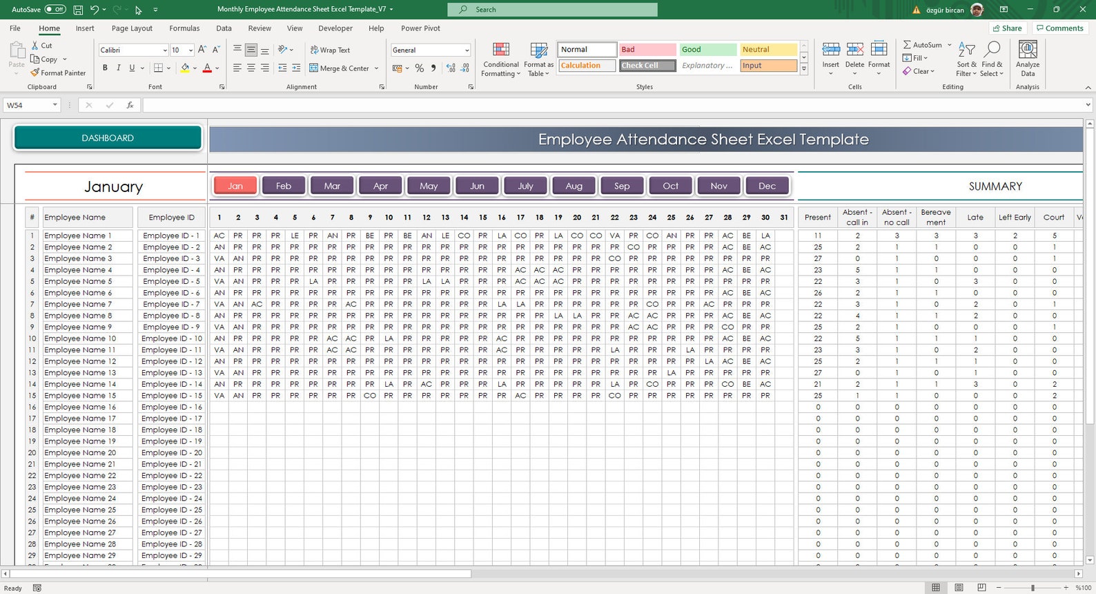 Employee Attendance Sheet Excel Template 1-100 Employees | Etsy