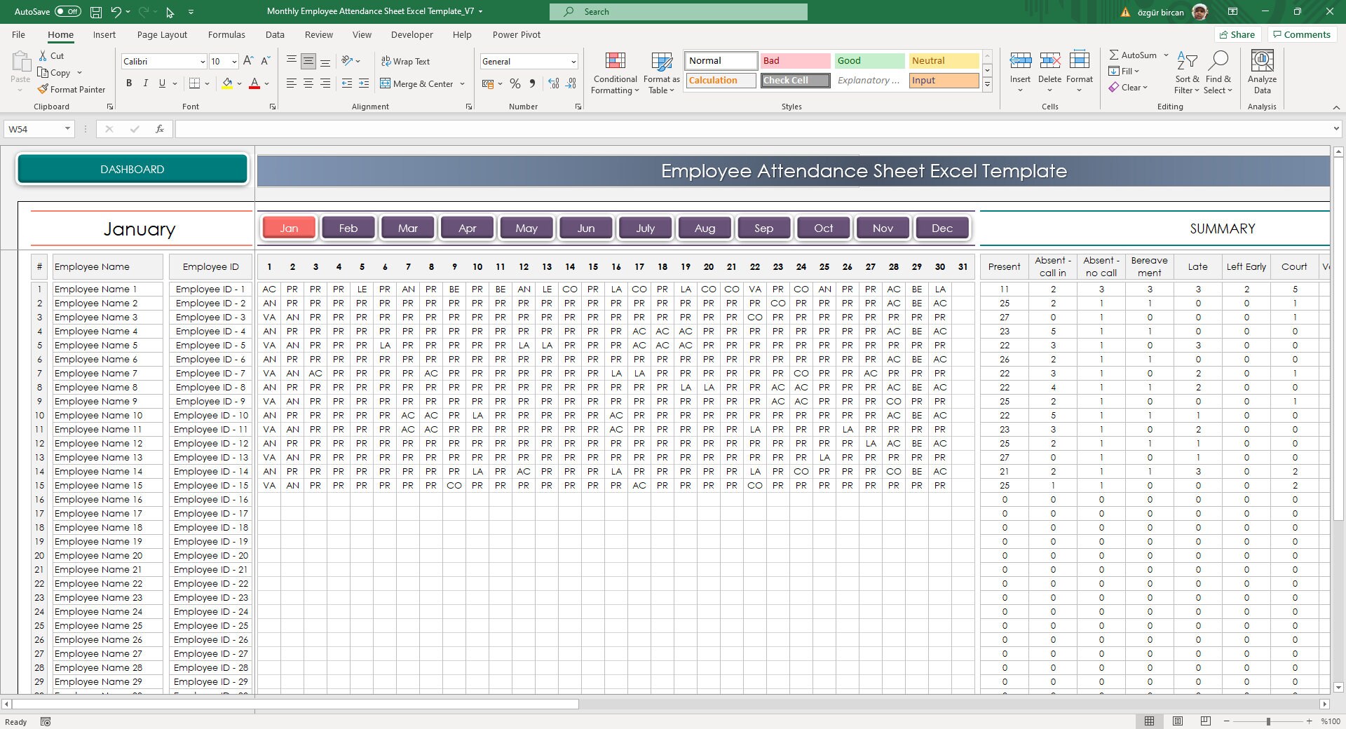 Employee Attendance Sheet Excel Template 1-100 Employees - Etsy