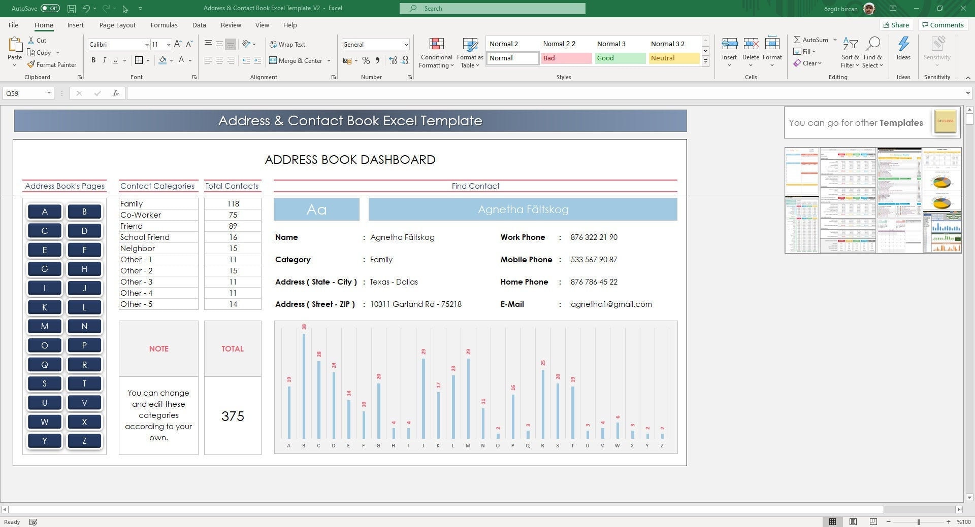 Address & Contact Book Excel Template Telephone Directory - Etsy