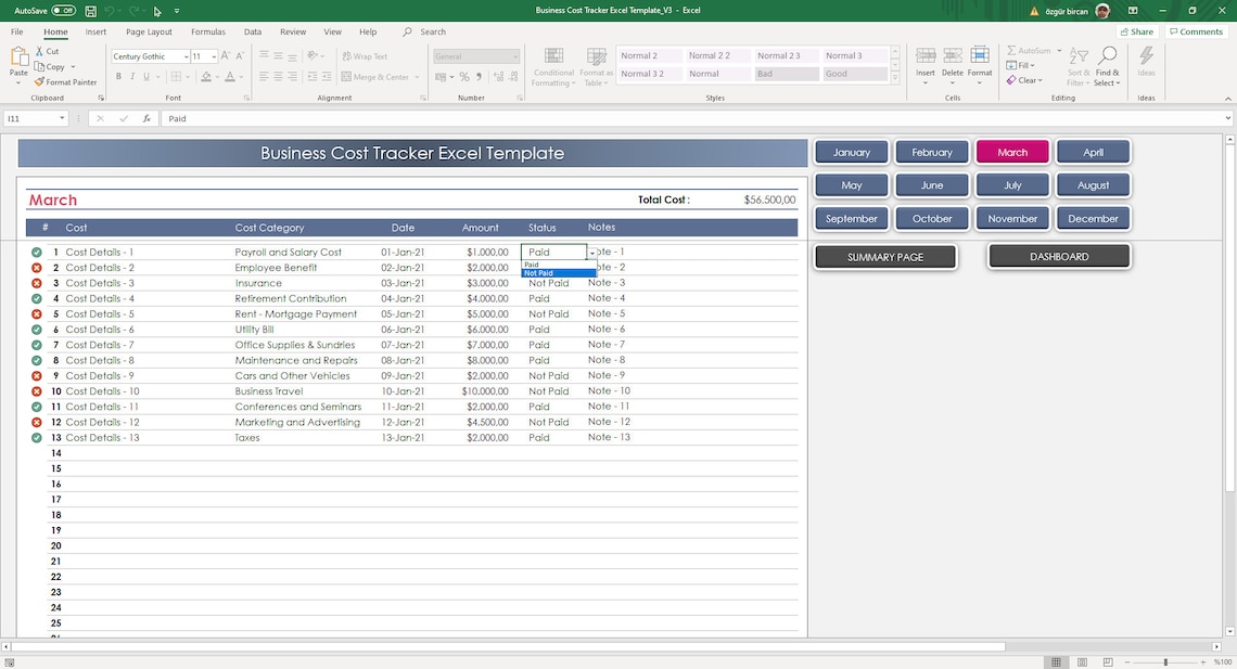 Business Cost Tracker Excel Template Budget Tracker Excel - Etsy