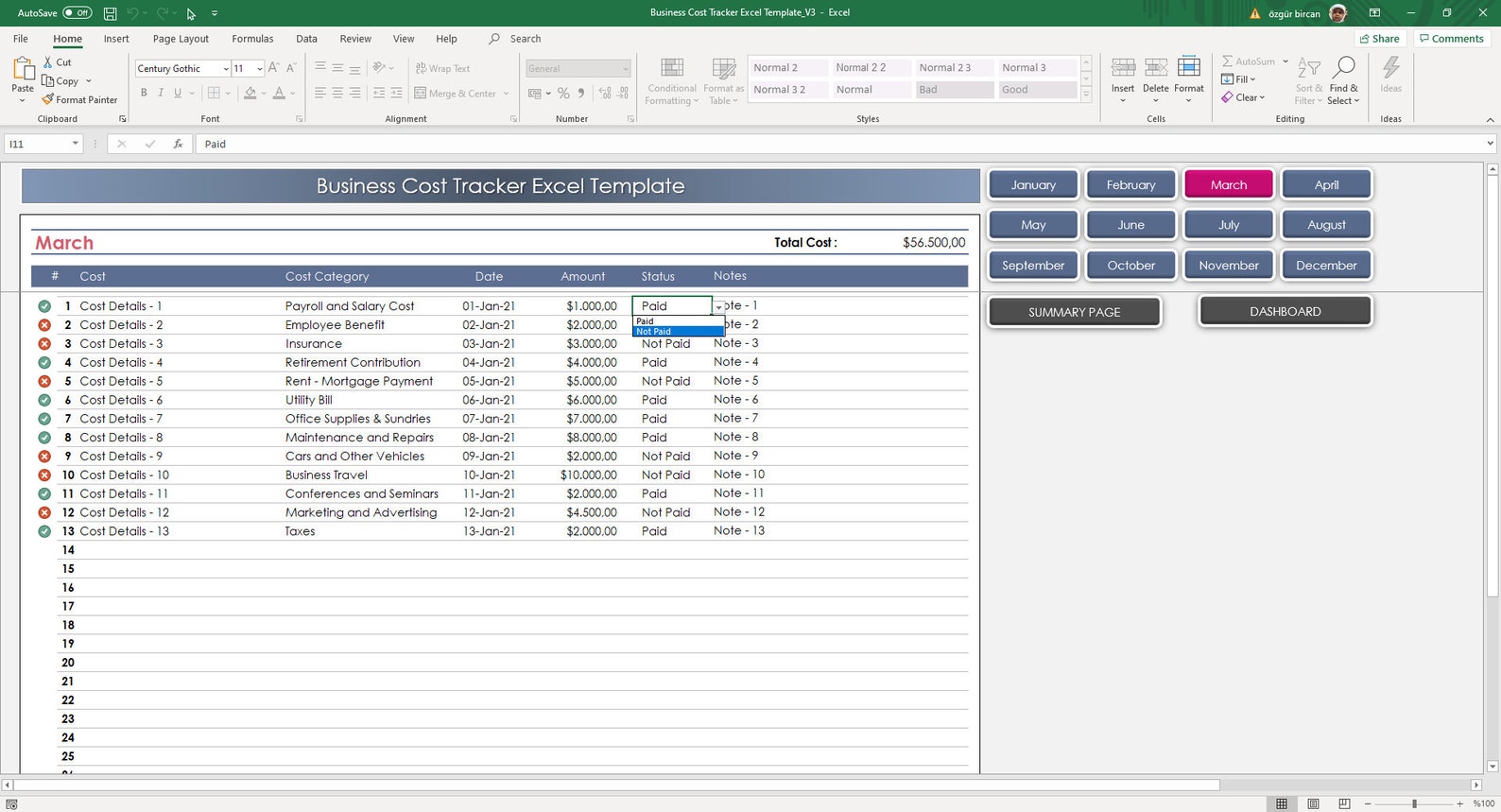 Business Cost Tracker Excel Template Budget Tracker Excel - Etsy
