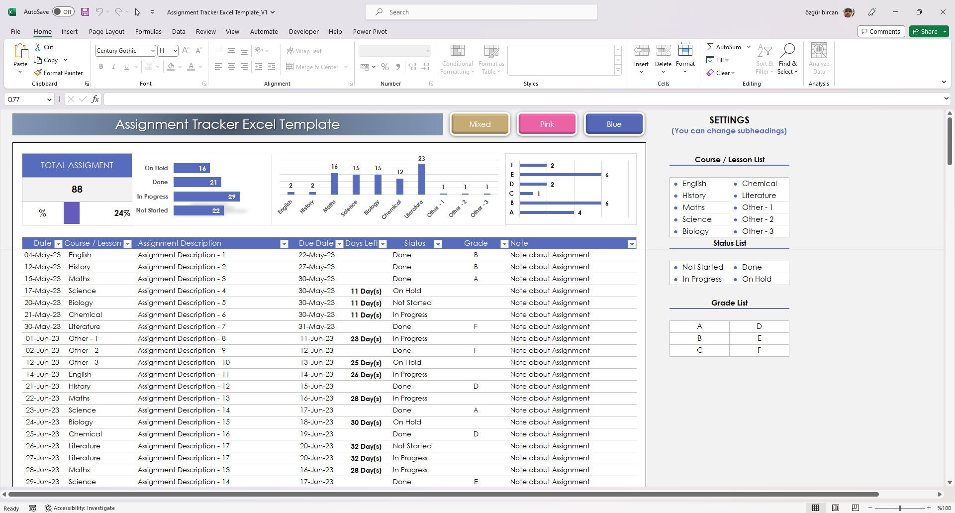 Assignment Tracker Excel Template | Student Homework Planner & Study ...