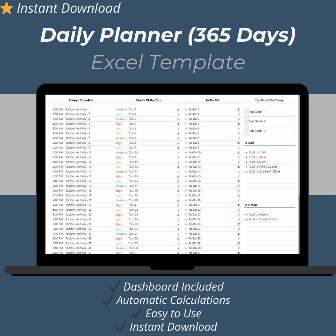 Daily Planner Excel Template – 365 Days To-do List & Task Tracker - Etsy