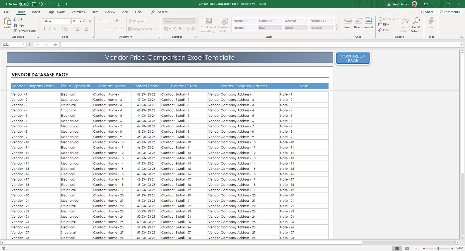 Vendor Price Comparison Excel Template Supplies Conversion Price ...