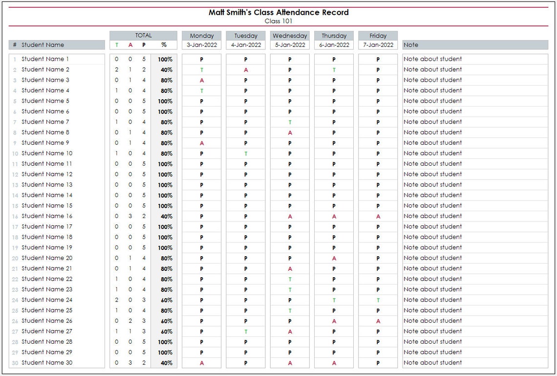 Weekly Class Attendance Record Excel Template: Student Absence Tracker ...