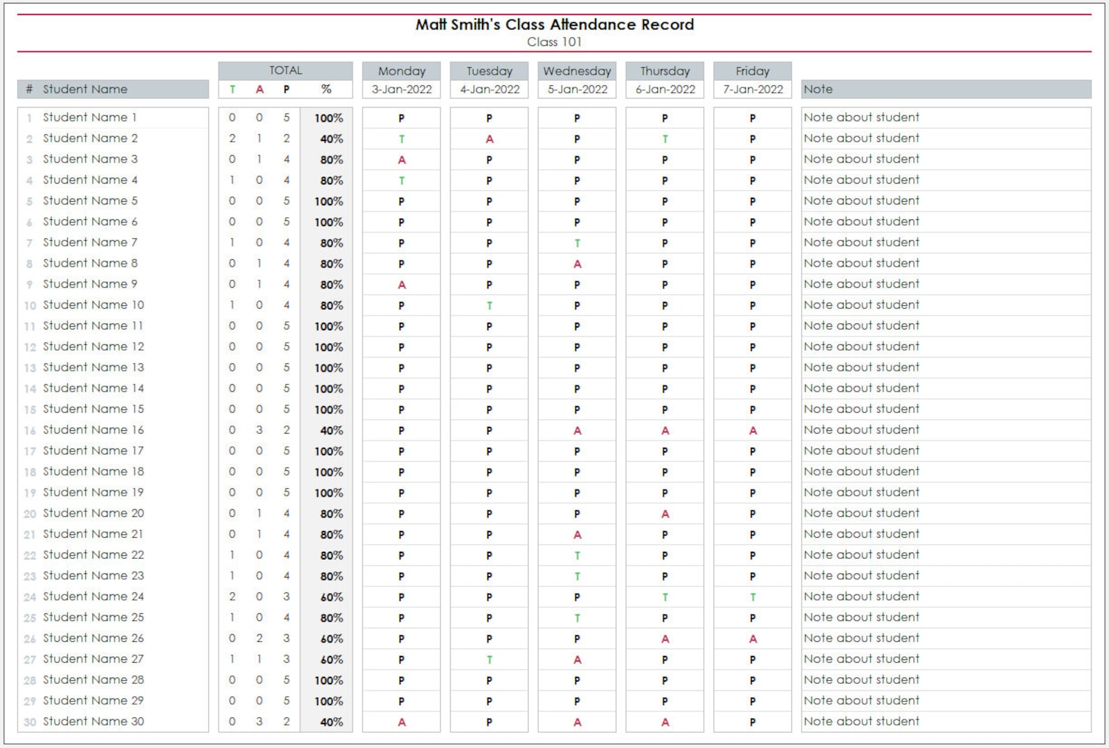 Weekly Class Attendance Record Excel Template: Student Absence Tracker ...
