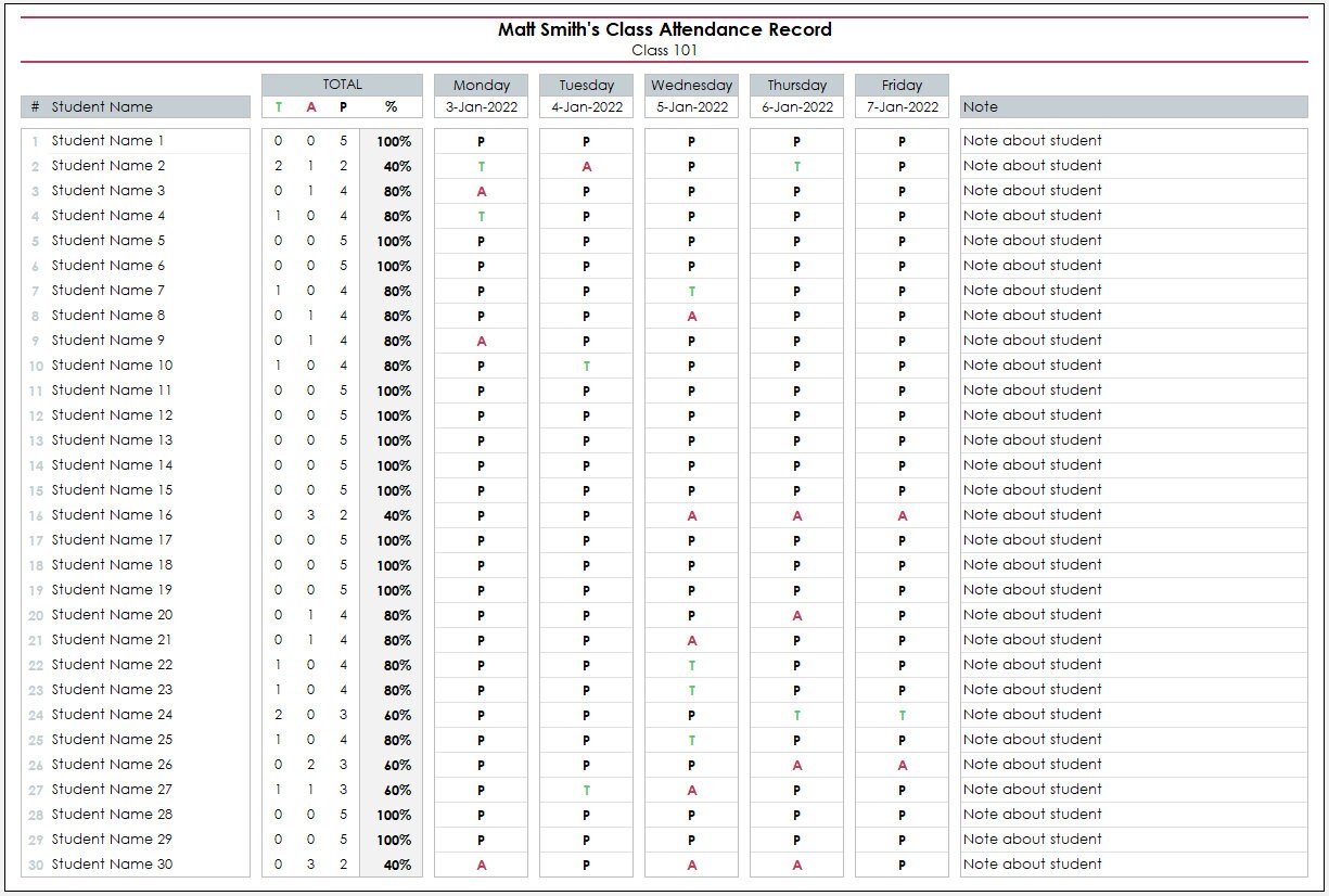 Weekly Class Attendance Record Excel Template: Student Absence Tracker ...