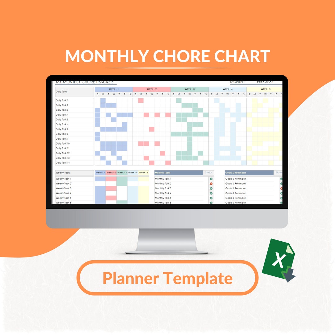 Monthly Chore Chart Excel Template | Planner Template | Fillable Sheet ...