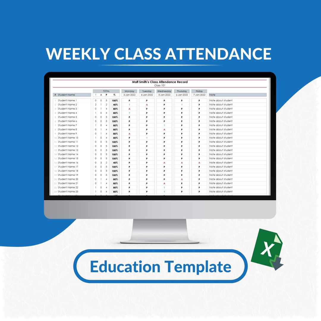 Weekly Class Attendance Record Excel Template (digital Download) - Etsy