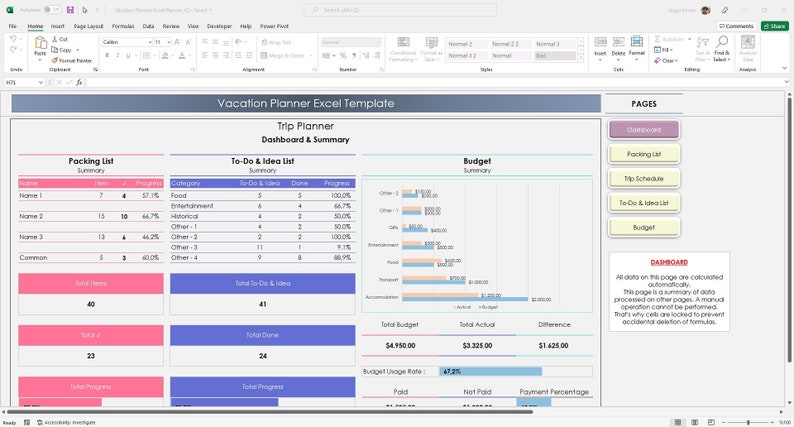 Holiday Planner Excel Template Trip Planner Tracker - Etsy
