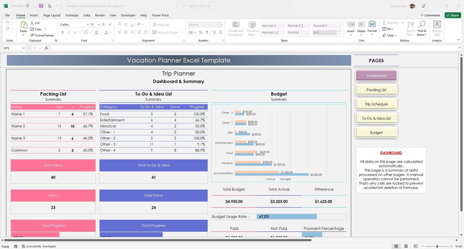 Holiday Planner Excel Template Trip Planner Tracker - Etsy