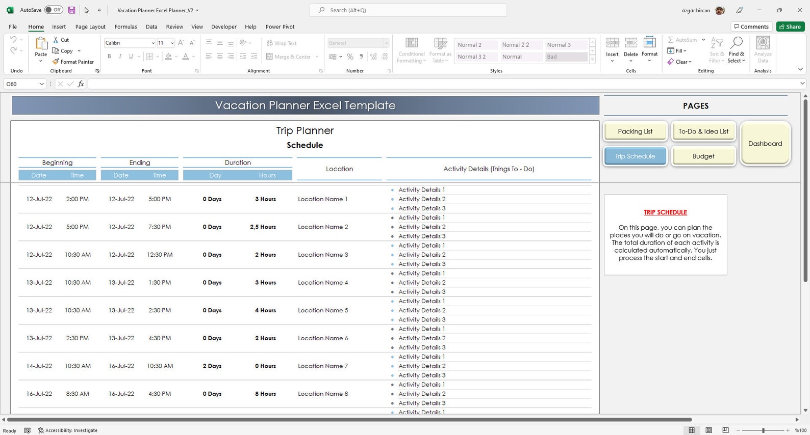 Holiday Planner Excel Template Trip Planner Tracker - Etsy