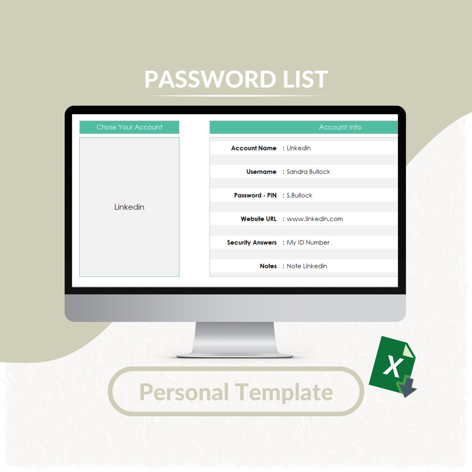 Password List Excel Template Password List Planner - Etsy