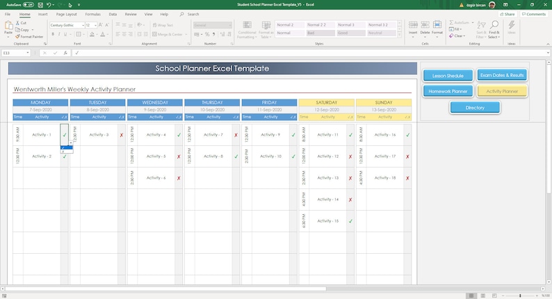 Student School Planner Excel Template | Etsy