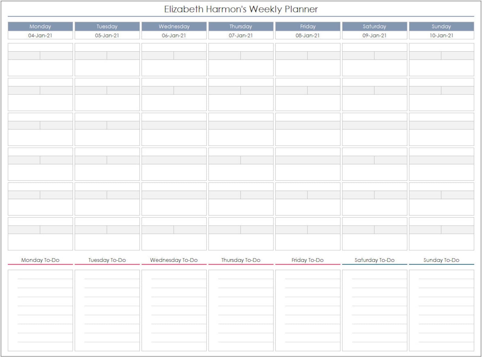 Weekly Personal Planner Excel Template Schedule Tracker | Etsy