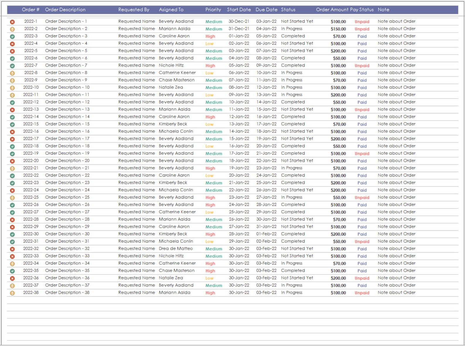 Work Order Tracker Excel Template Small Business Work Order - Etsy
