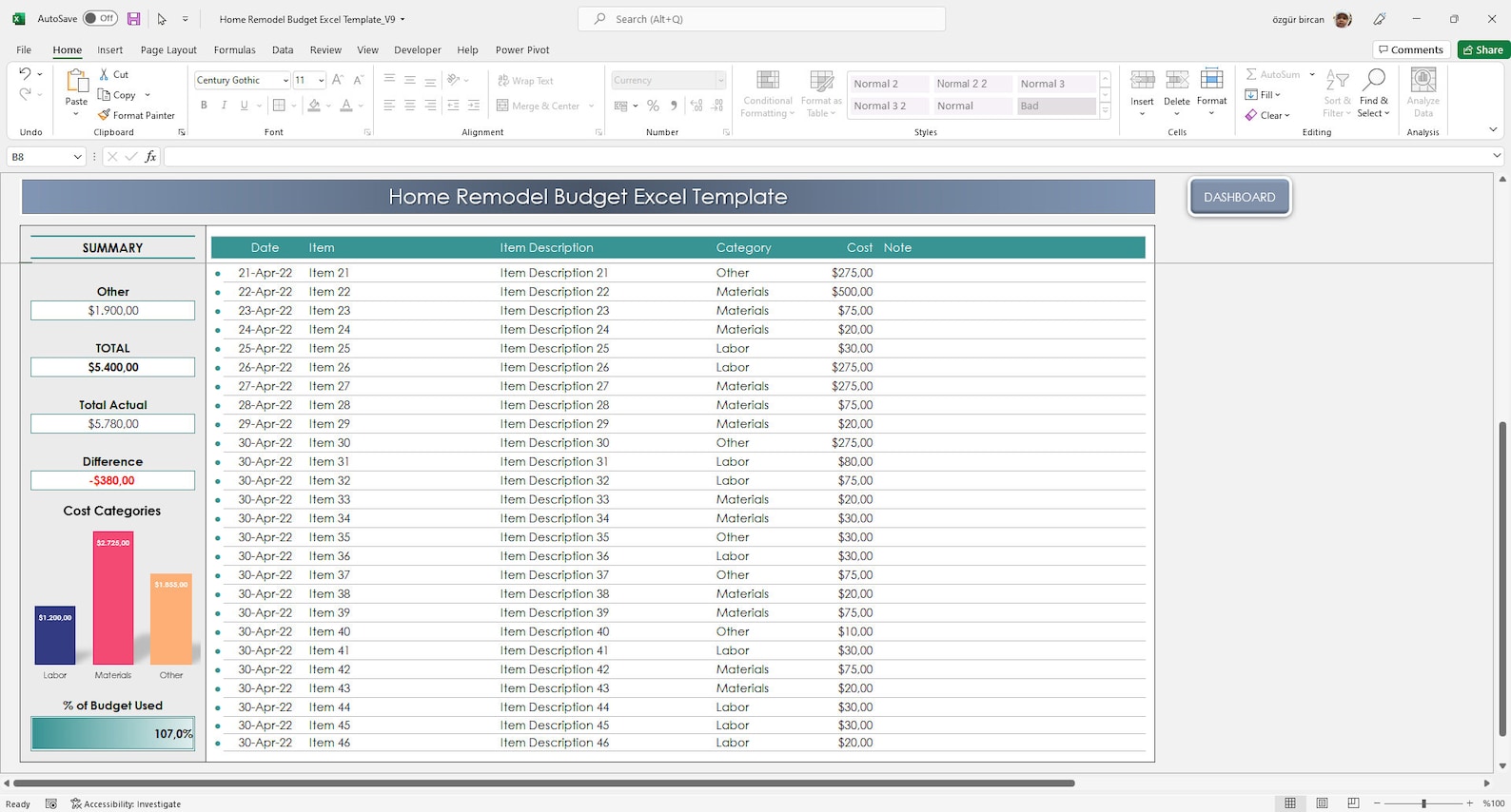 Home Renovation Home Remodel Budget Excel Template Home - Etsy