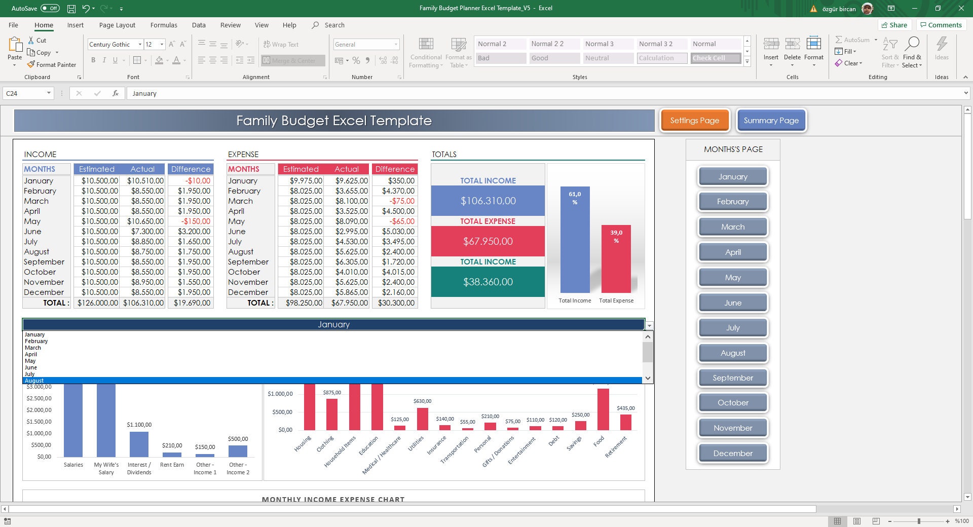 Family Budget Planner Excel Template :12-month Income & Expense Tracker ...