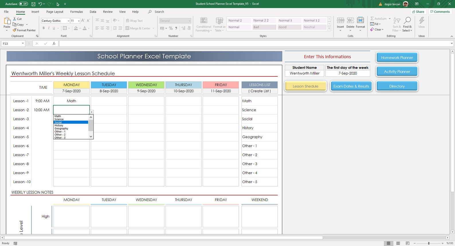 Student School Planner Excel Template | Etsy