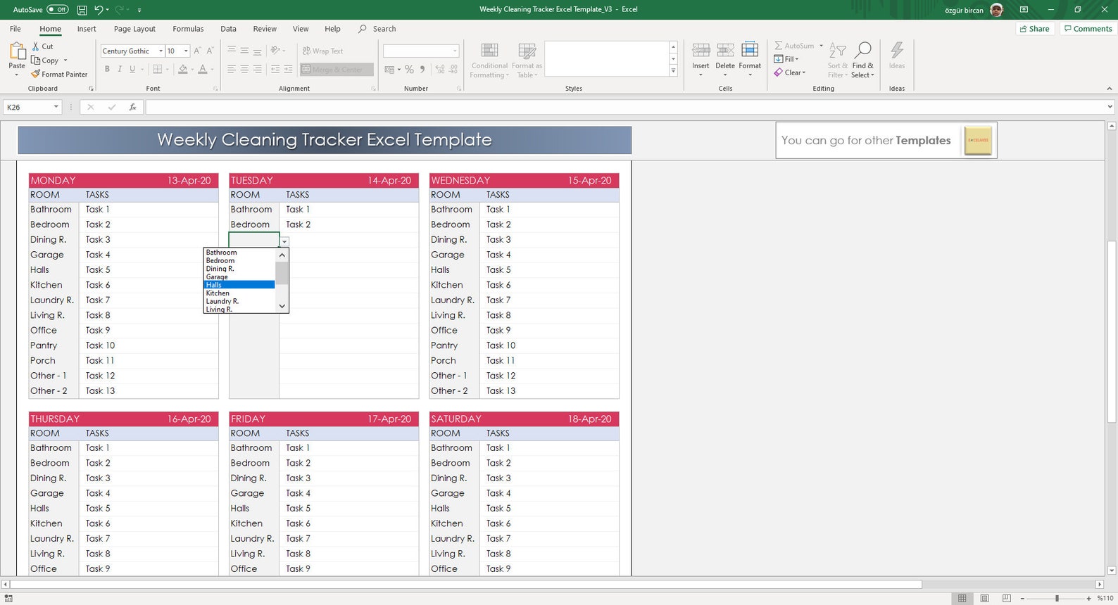 Weekly Cleaning Tracker Excel Template: Printable Cleaning Planner - Etsy