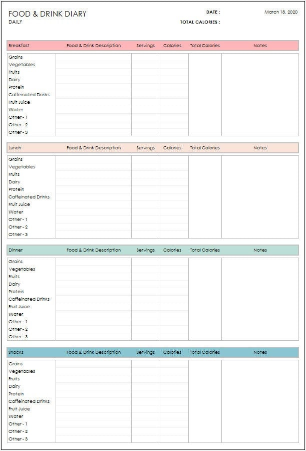 Food Diary Excel Template