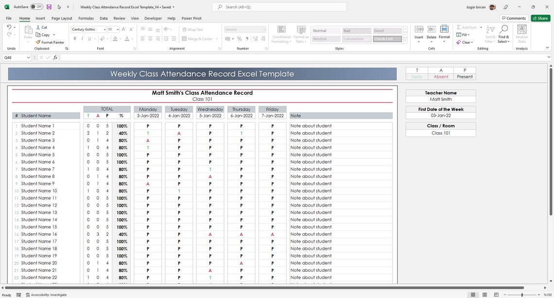 Weekly Class Attendance Record Excel Template: Student Absence Tracker ...