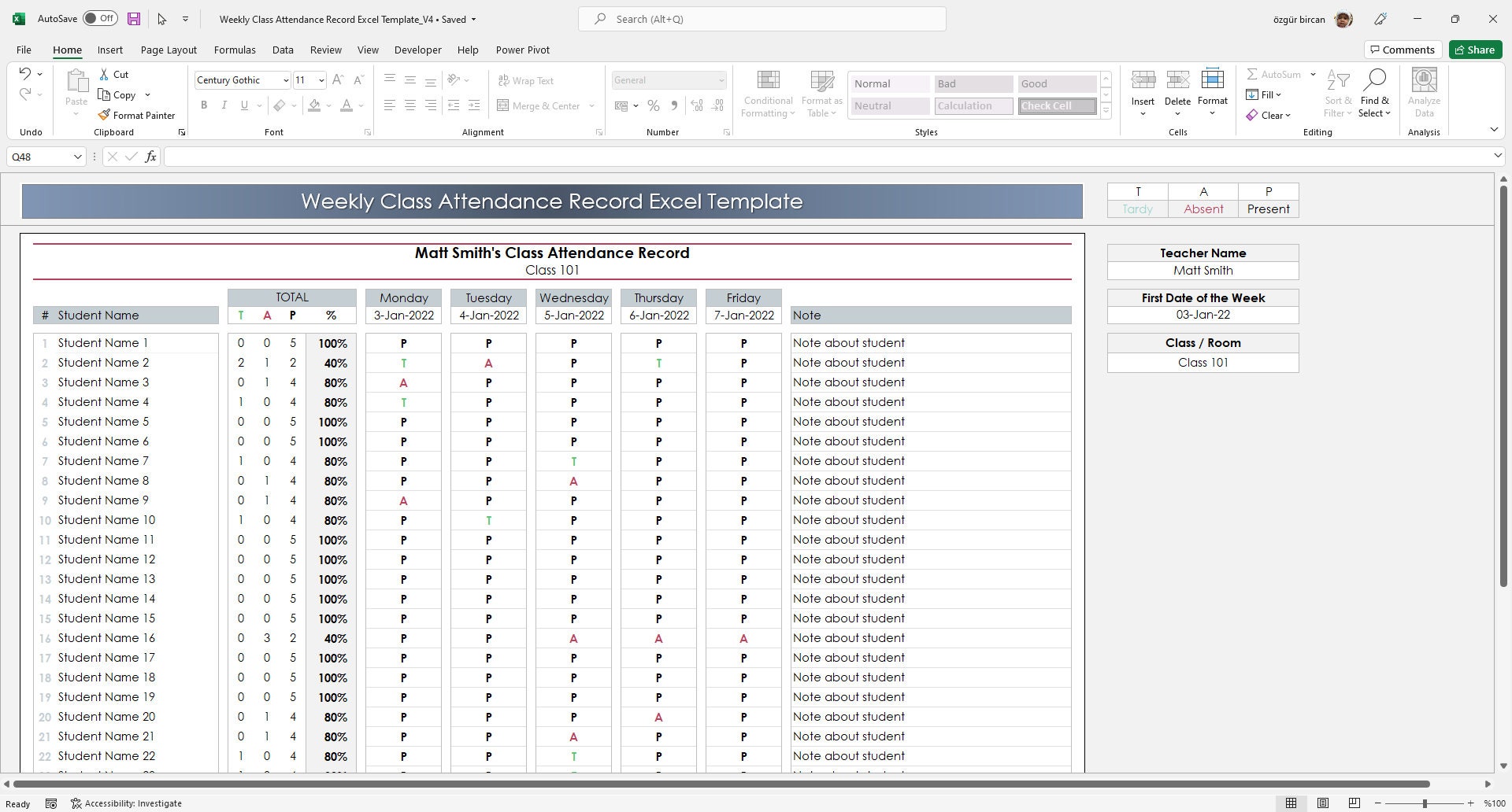 Weekly Class Attendance Record Excel Template: Student Absence Tracker ...