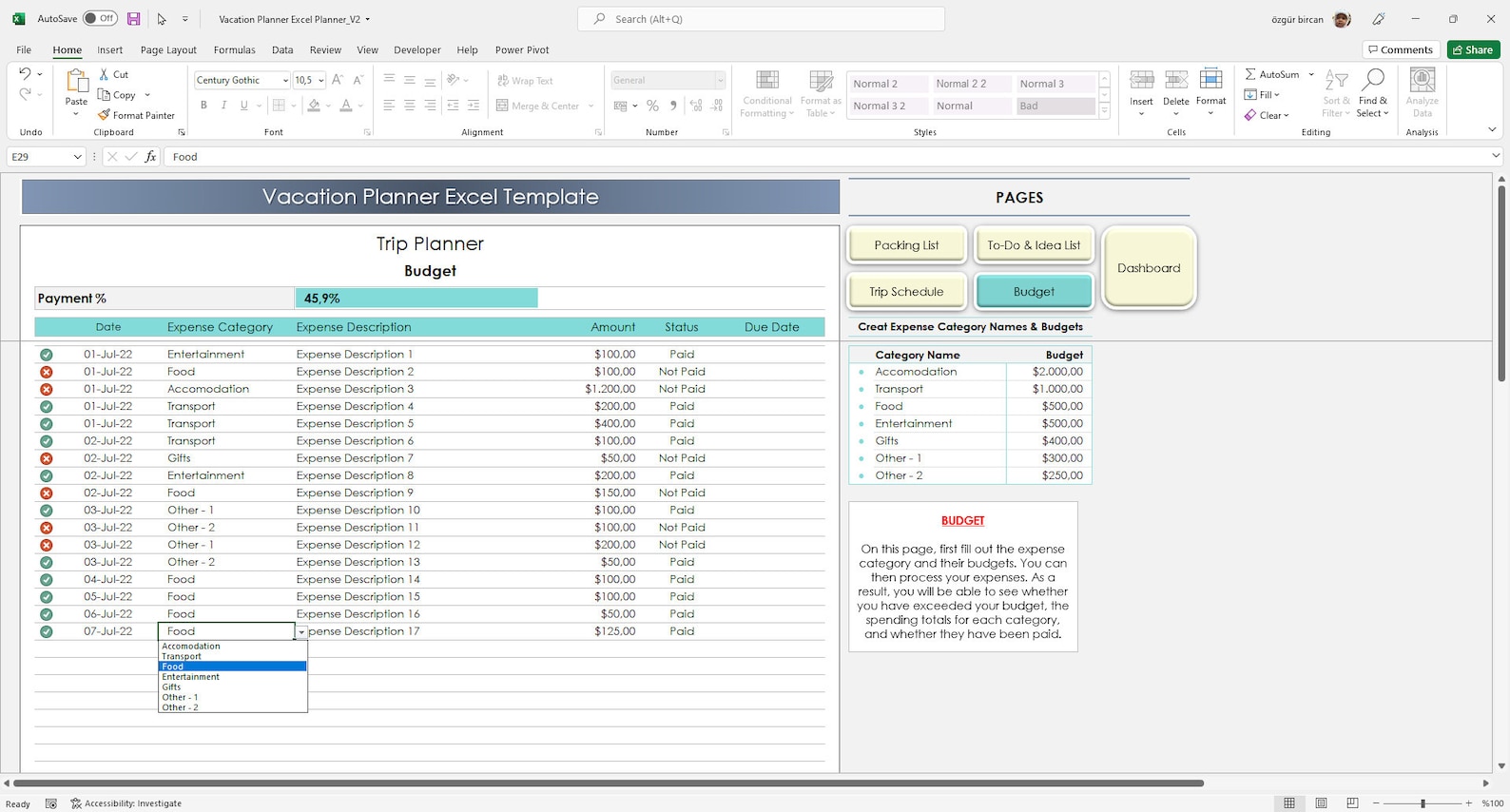 Holiday Planner Excel Template Trip Planner Tracker - Etsy