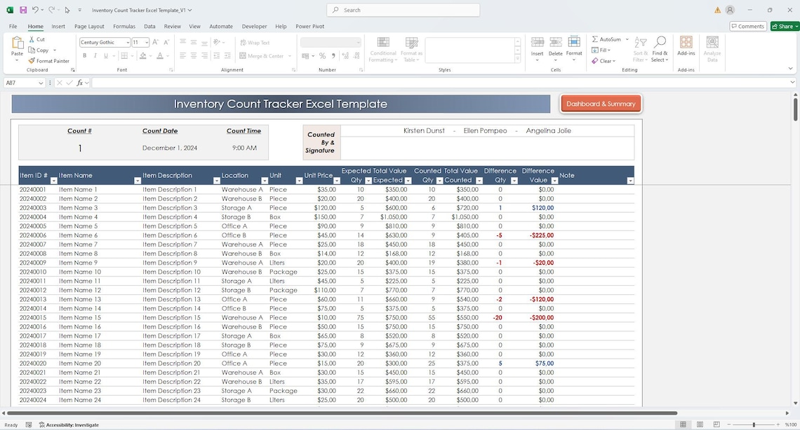 Inventory Count Tracker Excel Template: Stock Control Spreadsheet - Etsy