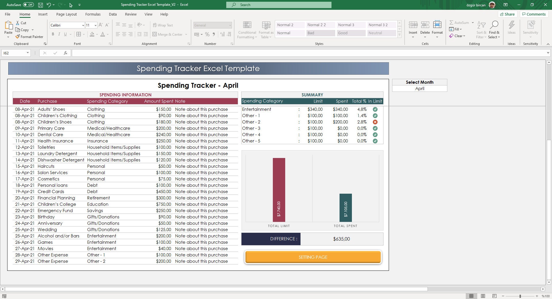 Monthly Spending Tracker Excel Template Monthly Expense | Etsy