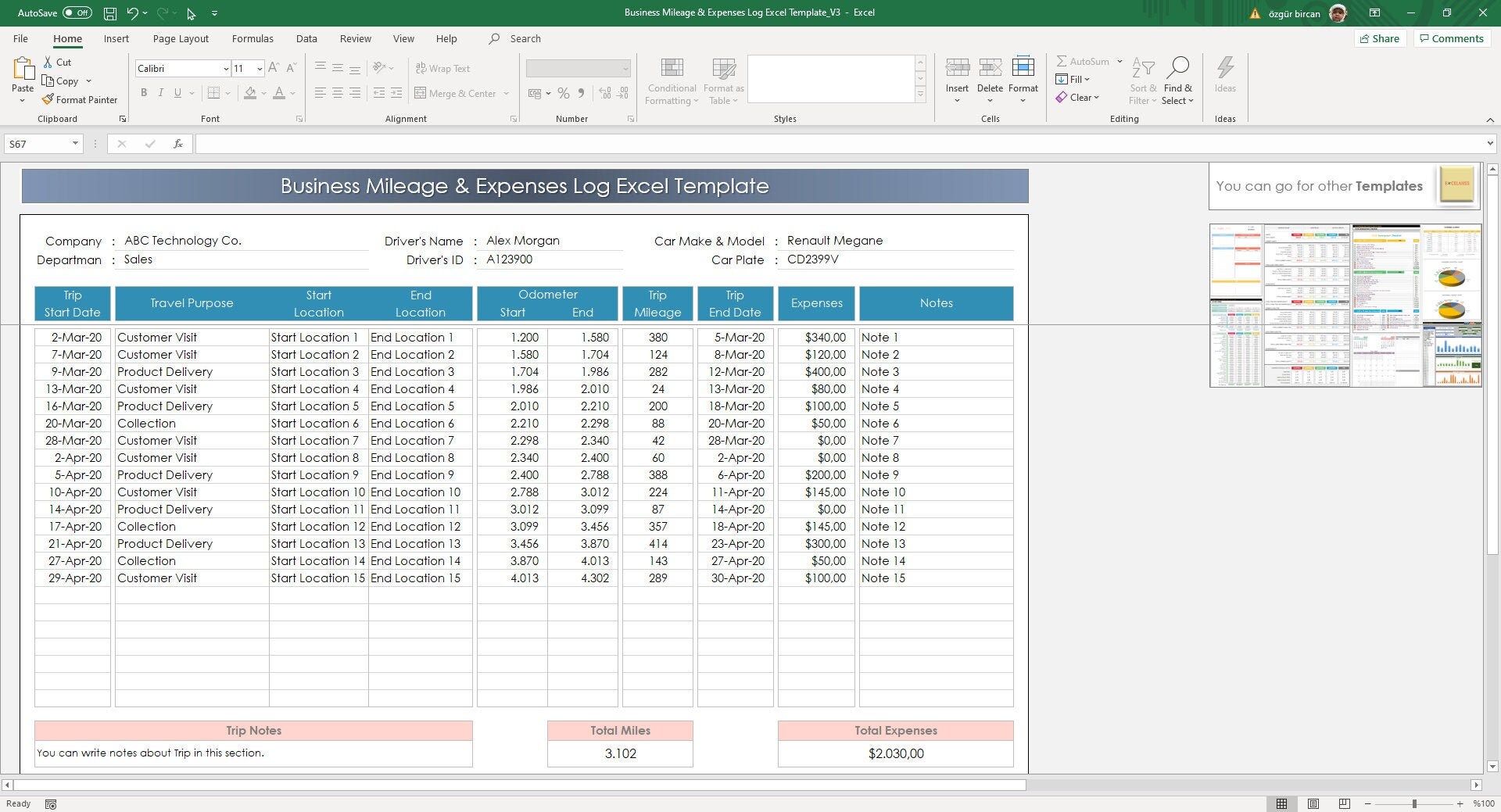 Business Mileage & Expenses Log Excel Template Business - Etsy Australia