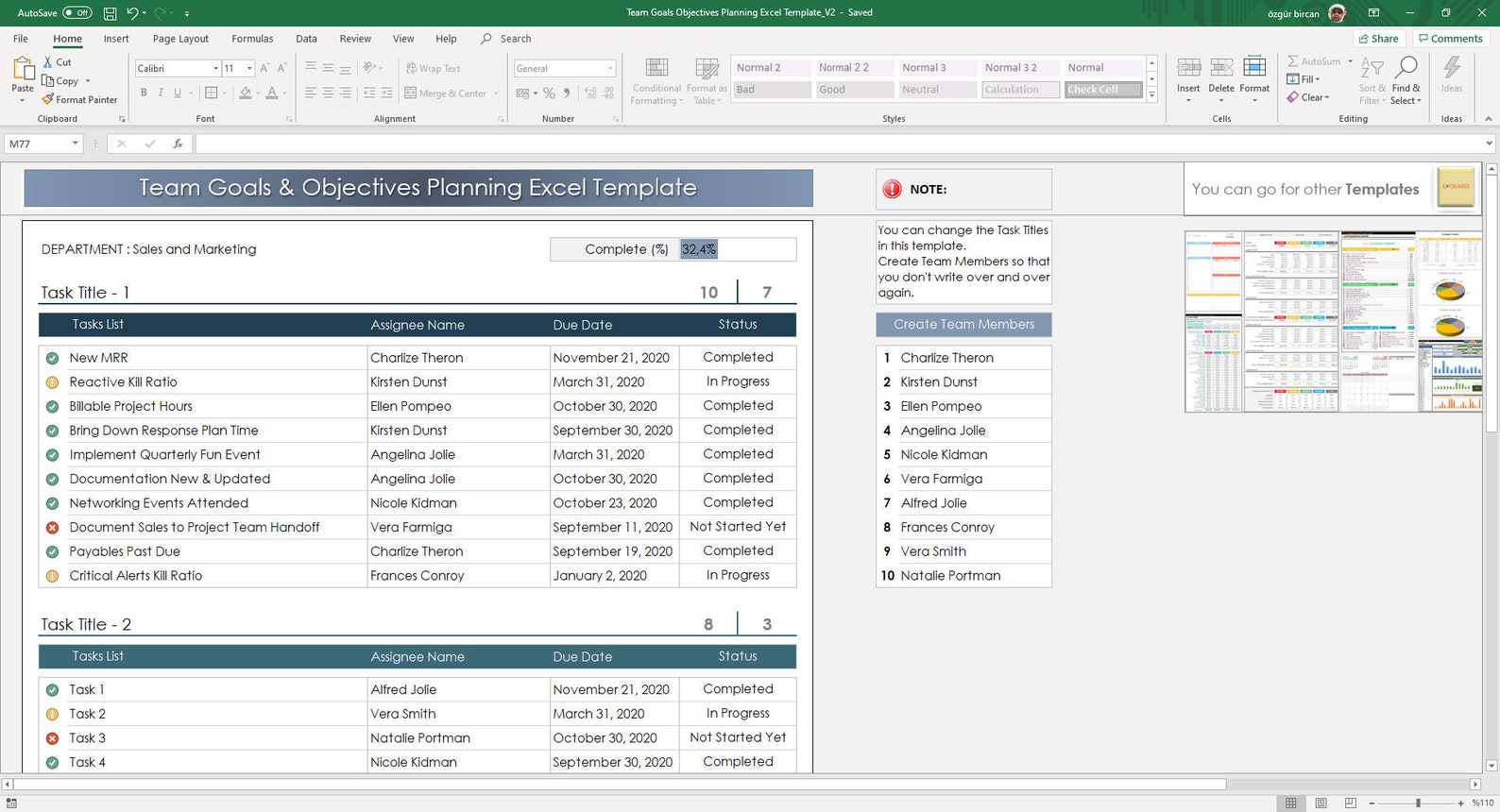 Team Goals & Objectives Planning Excel Template Planner - Etsy