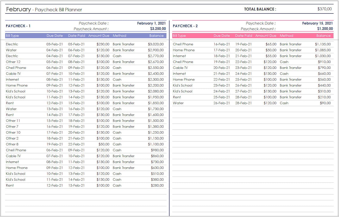 Paycheck Bill Tracker Excel Template Paycheck Bill Organizer - Etsy ...