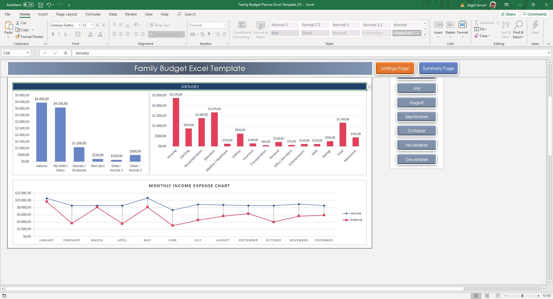 Family Budget Planner Excel Template :12-month Income & Expense Tracker ...