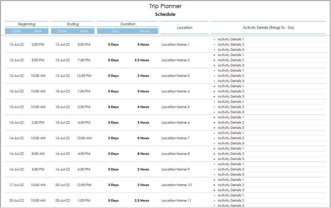 Holiday Planner Excel Template Trip Planner Tracker - Etsy