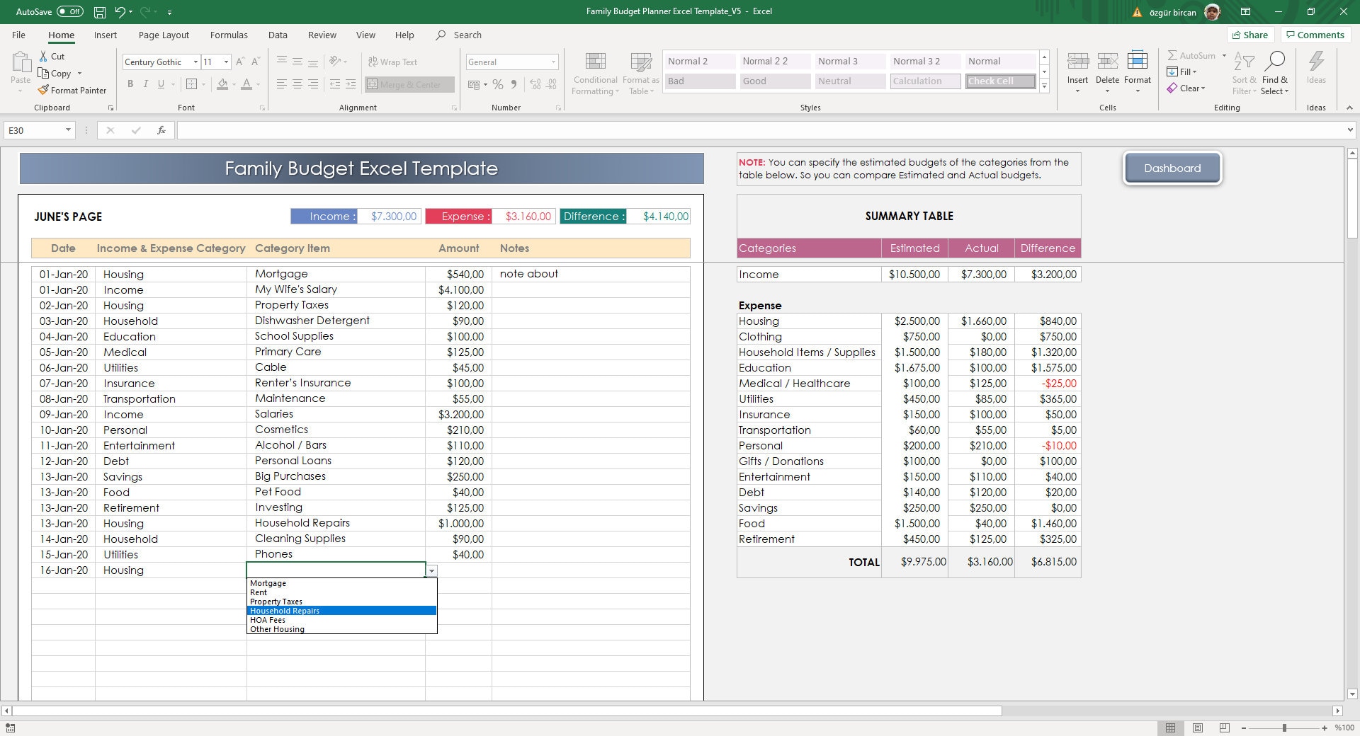 Family Budget Planner Excel Template :12-month Income & Expense Tracker ...
