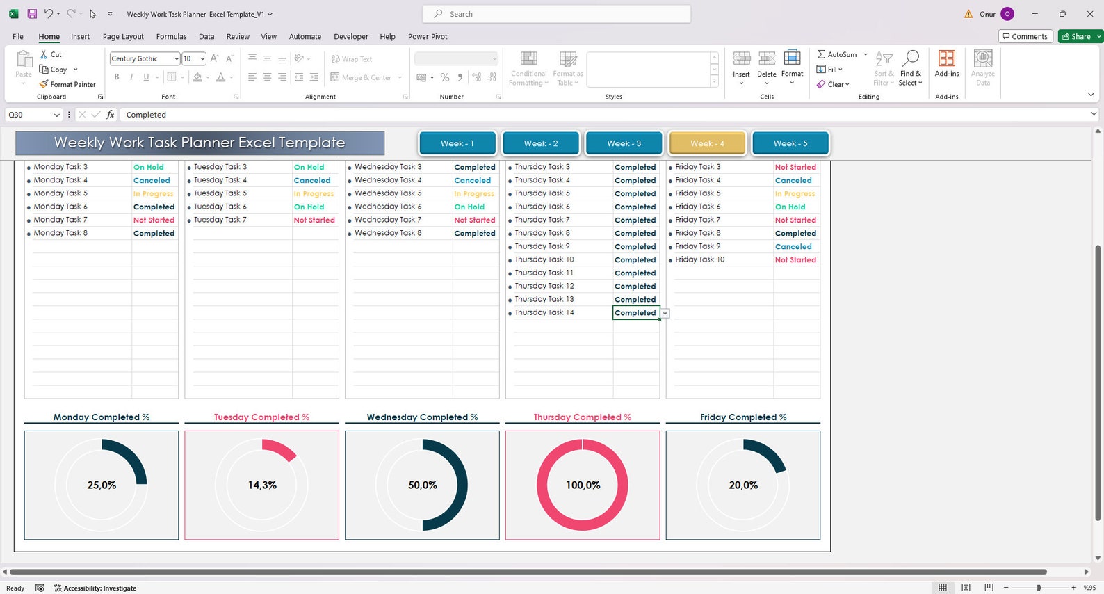 Weekly Task Planner Excel Template – Work Organizer, Productivity ...