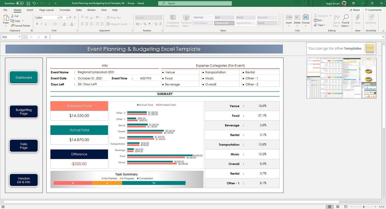 Event Planning & Budgeting Excel Template – Task, Vendor and Budget ...