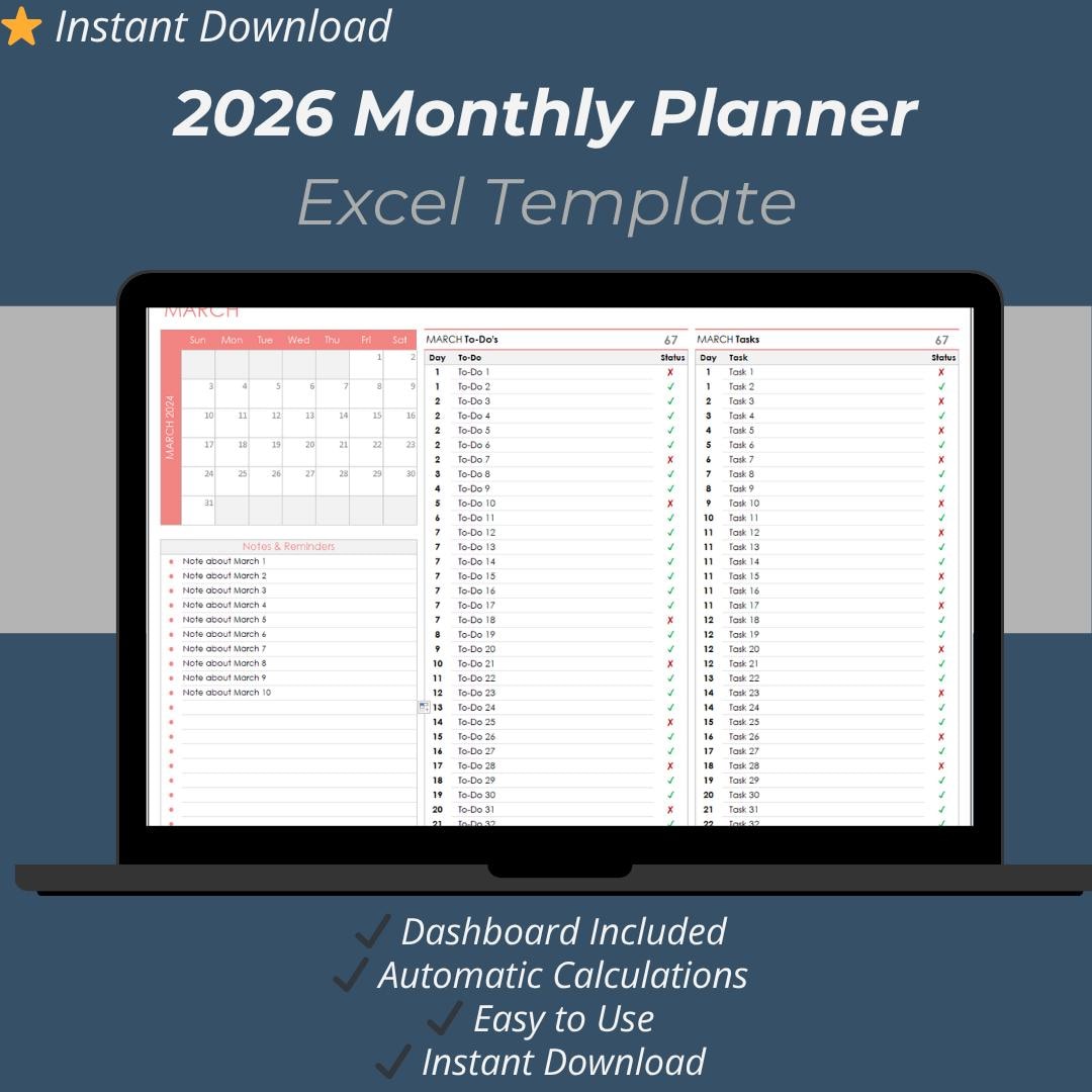 2026 Monthly Planner Excel Template: To-do & Task Tracker - Etsy