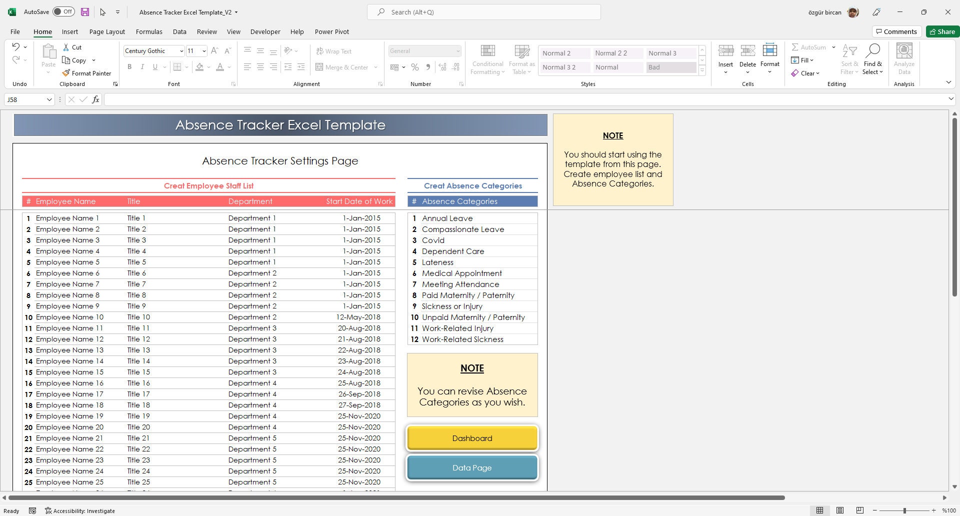 Absence Tracker Excel Template 1-50 Employee Employee Time - Etsy